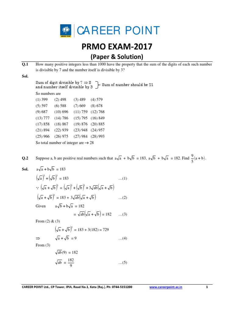 PRMO 2017 Paper With Solution | PDF | Prime Number | Mathematical Concepts