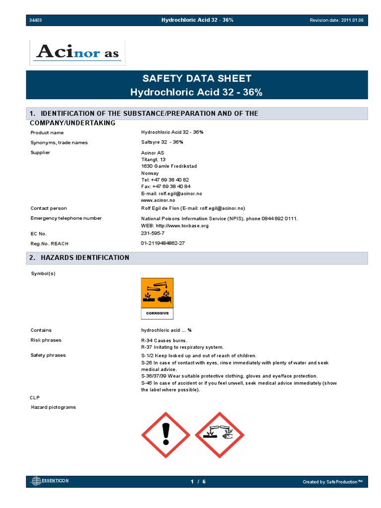Safety Data Sheet Hydrochloric Acid 32 - 36% | PDF | Dangerous Goods ...