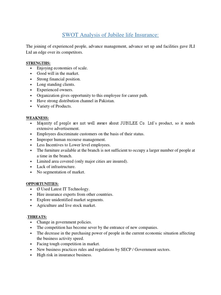 SWOT Analysis of Jubilee Life Insurance | PDF | Insurance | Life Insurance