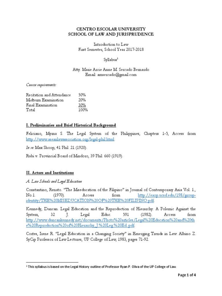 Introduction To Law Syllabus | PDF | Legal Education | Virtue