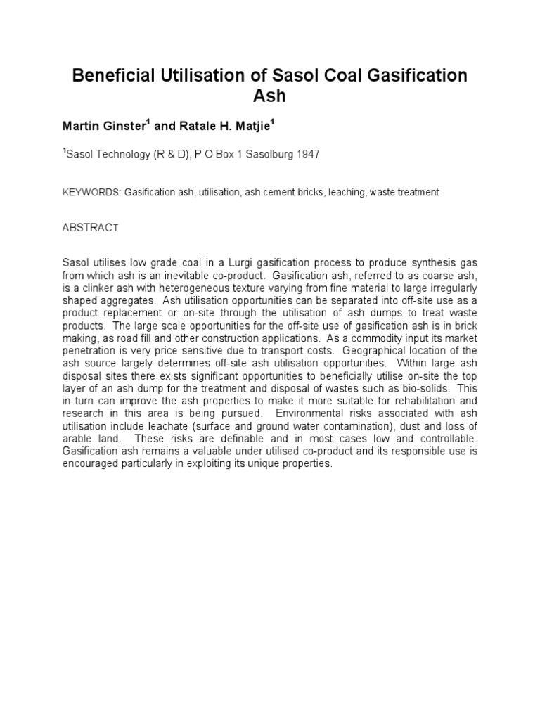 Beneficial Utilisation of Sasol Coal Gasification Ash: Martin Ginster ...
