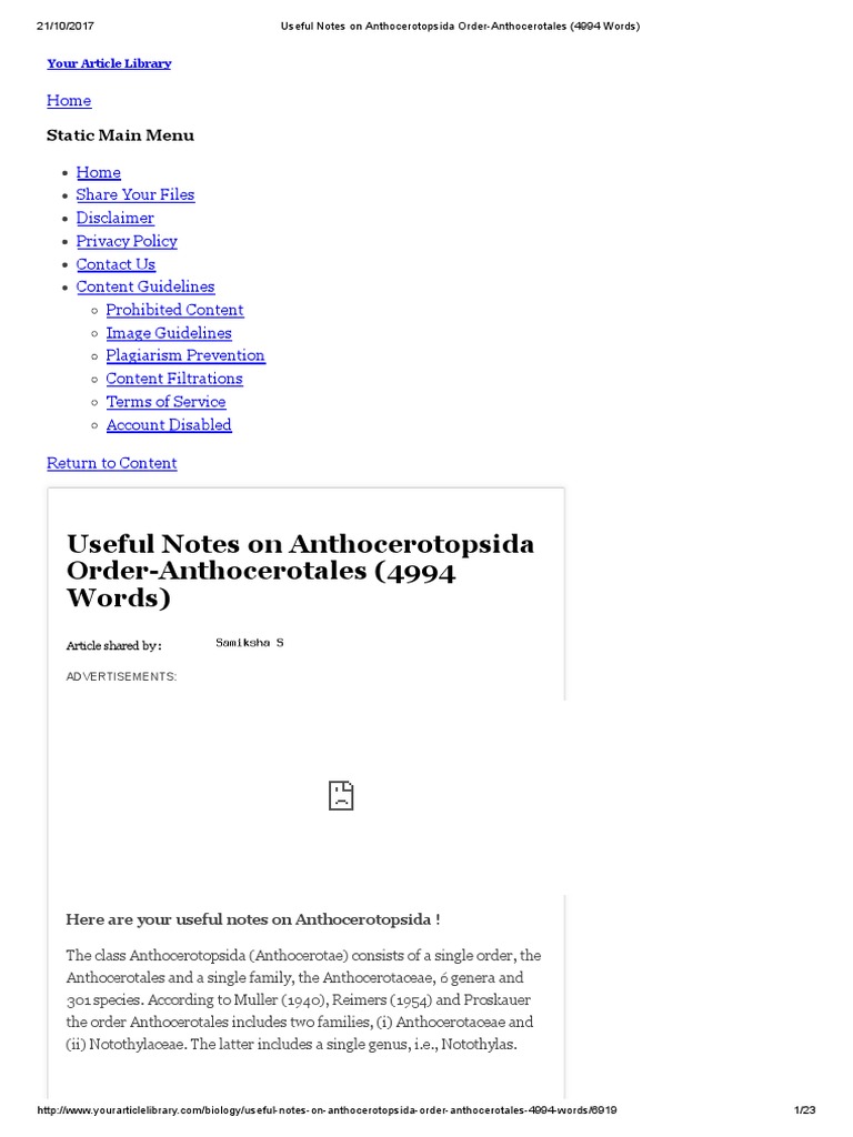 Useful Notes On Anthocerotopsida Order-Anthocerotales (4994 Words ...