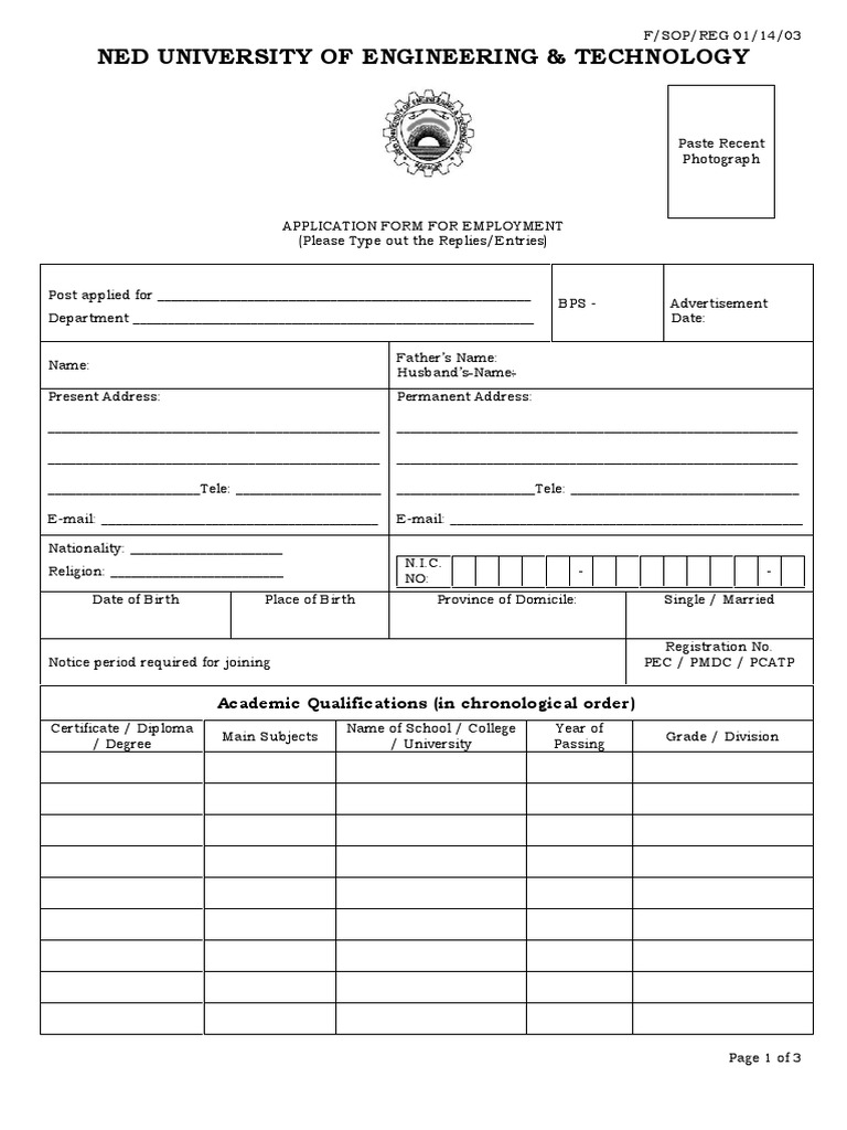 NED University Engineering Job Application | PDF | Postgraduate Education | Academic Degree