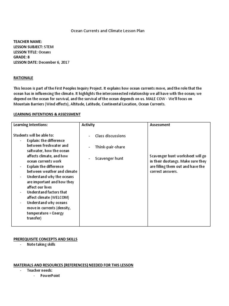 Ocean Currents and Climate Lesson Plan | PDF | Oceans | Lesson Plan