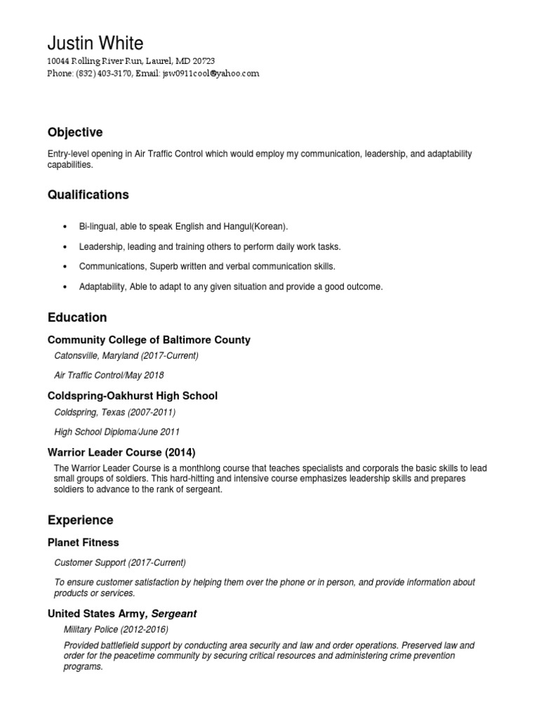 Entry-Level Air Traffic Control Resume | PDF | Career & Growth | Social ...