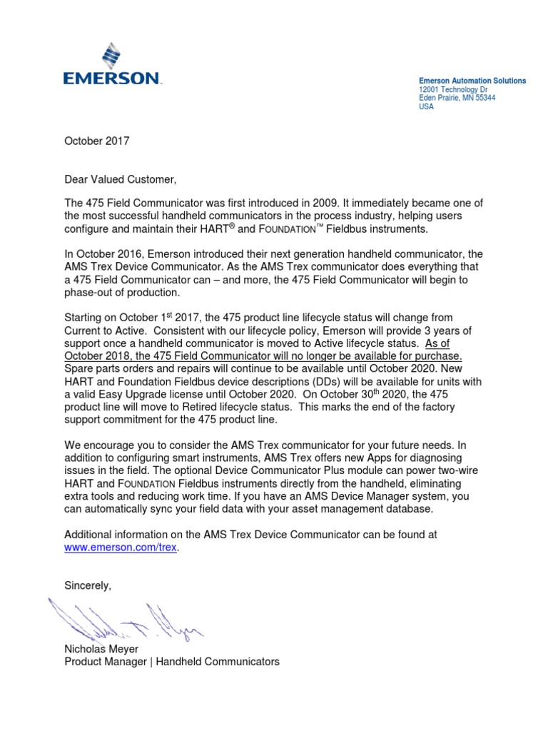 Discontinued Letter For 475 Field Communicator en 3293774 | PDF