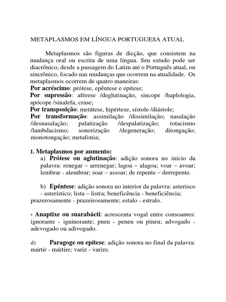 Metaplasmos: Figuras de Transformação Fonética na Língua Portuguesa ...