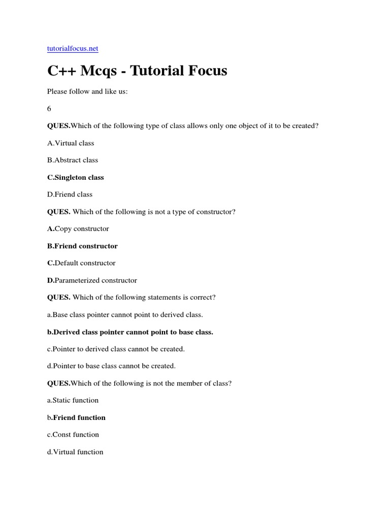 C Mcqs Tutorial Focus Pdf Class Computer Programming Constructor Object Oriented