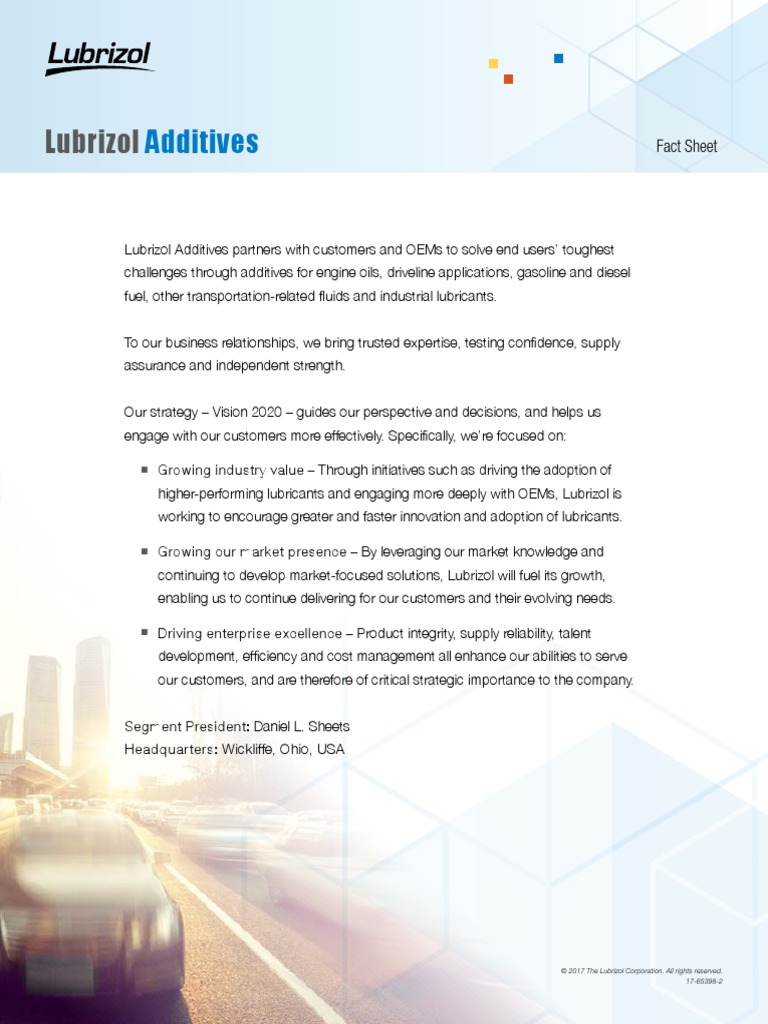 Lubrizol Additives Fact Sheet | PDF | Motor Oil | Lubricant