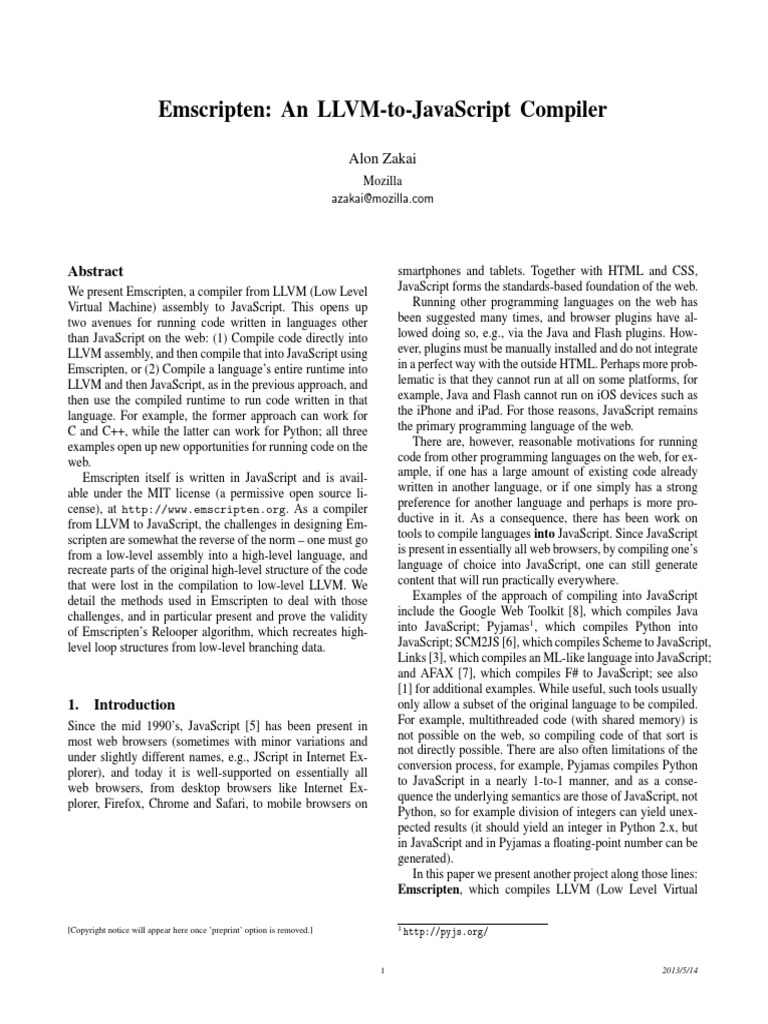 Emscripten: An Llvm-To-Javascript Compiler: Alon Zakai | PDF | Compiler | Java Script