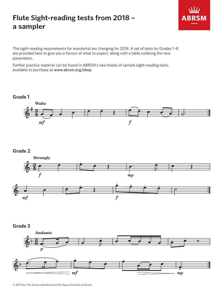 Flute Sight-Reading Tests From 2018 - A Sampler: Grade 1 | PDF ...