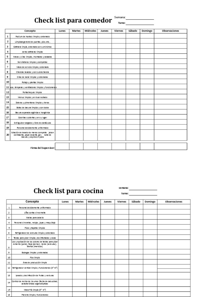 Check list para comedor, cocina y bar | PDF | Comida y bebida | Cocinando