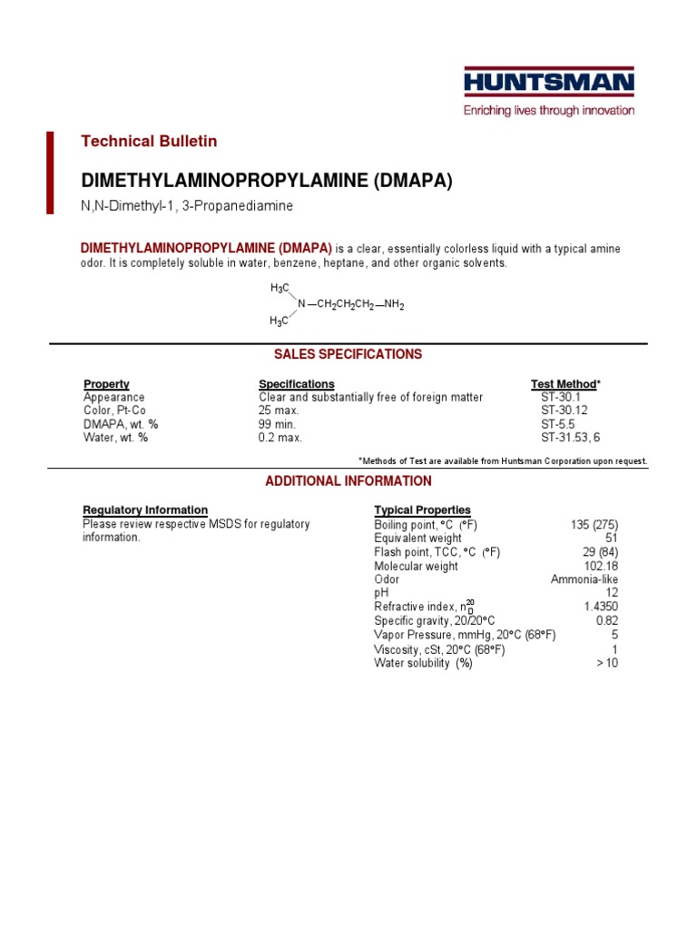 Dimethylaminopropylamine (Dmapa) : Technical Bulletin | PDF | Polyester ... Dimethylaminopropylamine (Dmapa) : Technical Bulletin | PDF | Polyester ...
