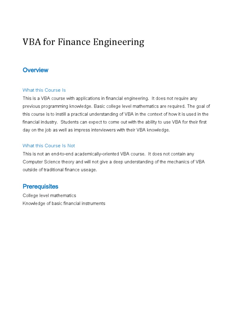 VBA for Financial Engineering Course | PDF | Option (Finance) | Visual ...