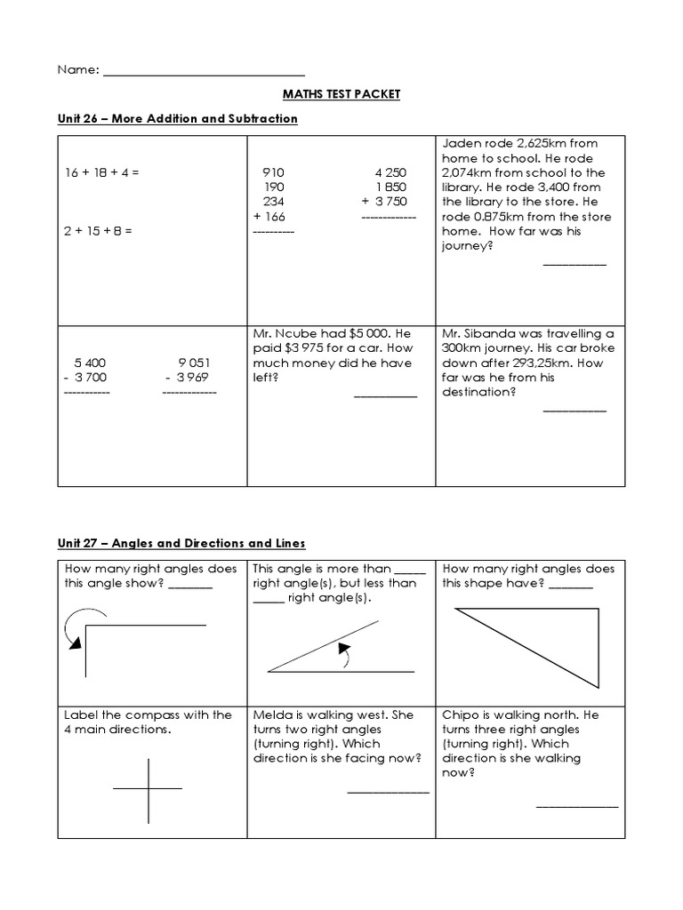 Maths Test Packet Unit 26 - More Addition and Subtraction | PDF ...