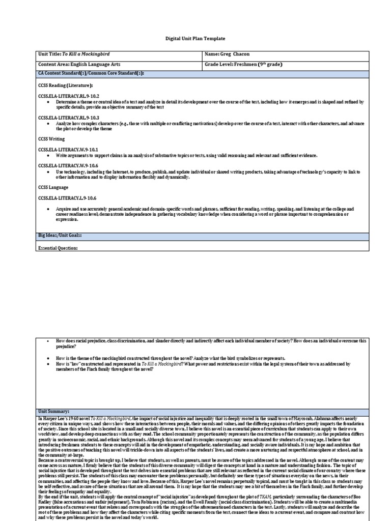 To Kill a Mockingbird Unit Plan | PDF | To Kill A Mockingbird | Society