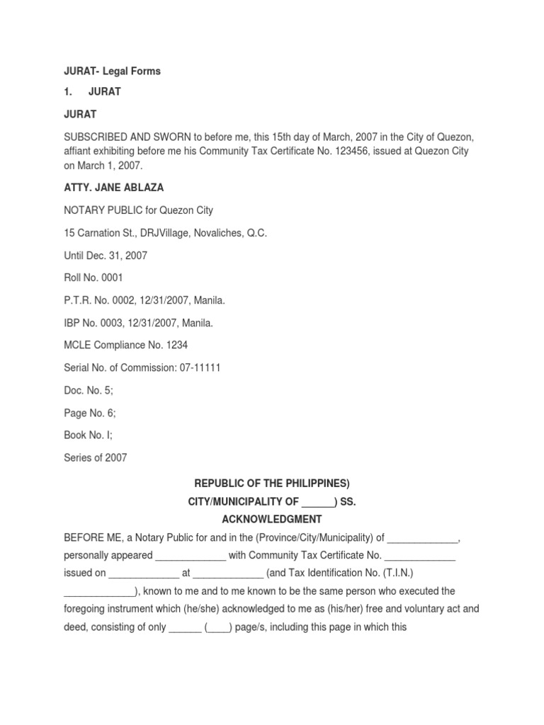 JURAT-Legal Forms 1. Jurat Jurat: Republic of The Philippines) City ...