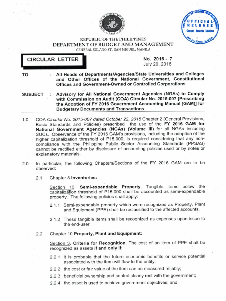 Circular Letter No. 2016 - 7 - Semi Expendable | Budgets And Budgeting ...