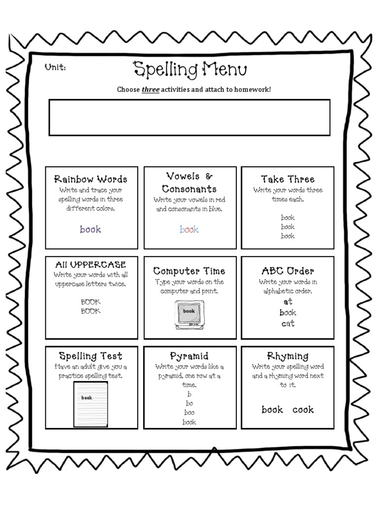 Spelling Menu Template | PDF | Consonant | Rhyme