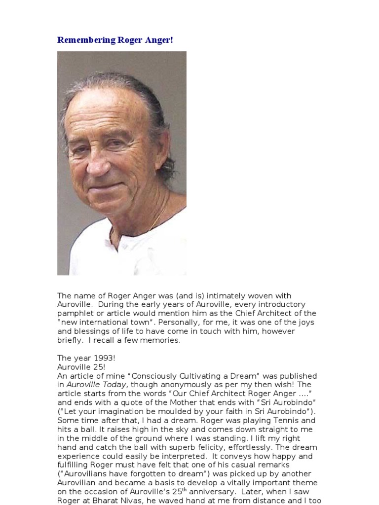 Remembering Roger Anger: Auroville's Architect | PDF | Auroville
