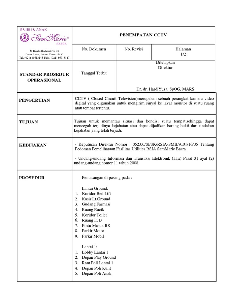 SOP Pemasangan CCTV RSIA SamMarie Basra | PDF