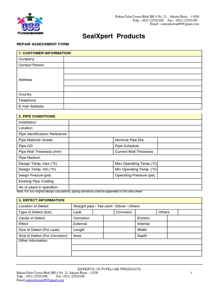 Repair Assessment Form for SealXpert Products | PDF | Pipe (Fluid ...