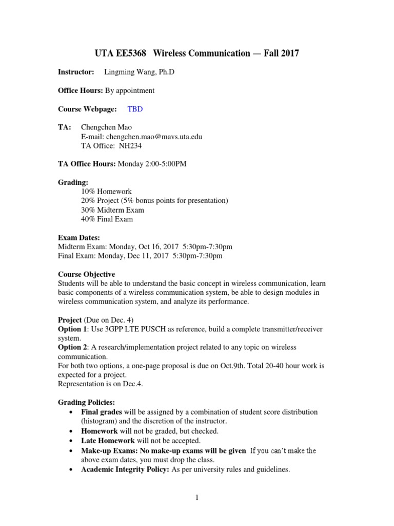 UTA EE5368 Wireless Communication Fall 2017 | PDF | Title Ix ...