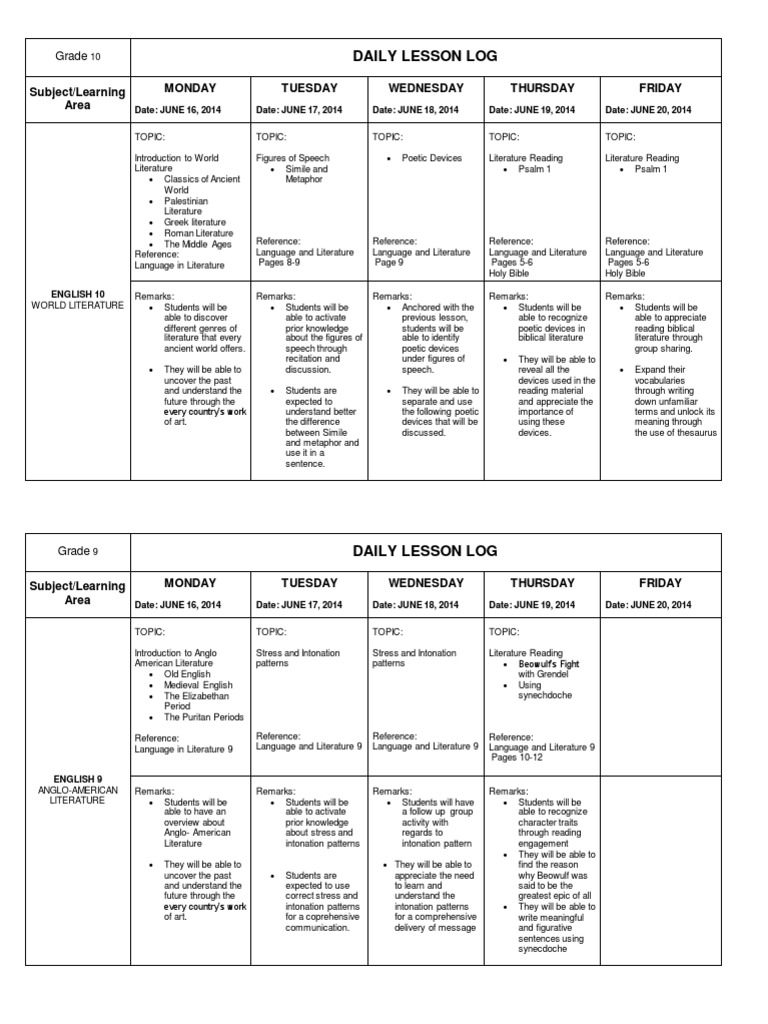 Daily Lesson Log Literature | PDF | English Language | Bible