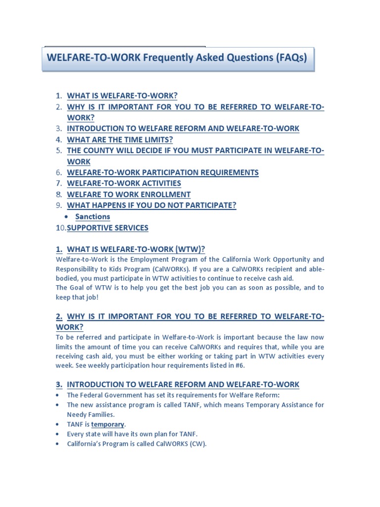 WTW FAQs | PDF | Personal Responsibility And Work Opportunity Act ...