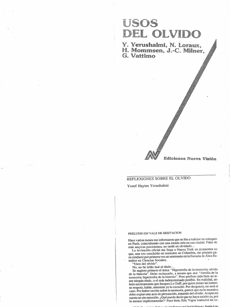 Yerushalmi, Yosef Hayim - Reflexiones Sobre El Olvido PDF | PDF