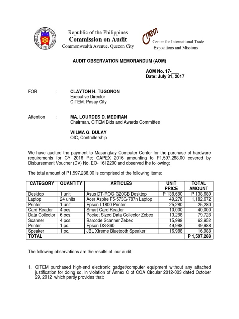 Audit Findings on CITEM Hardware Purchase | PDF | Depreciation ...