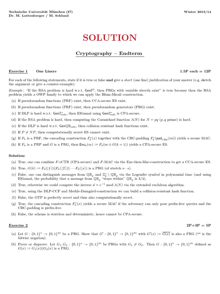Solution: Cryptography - Endterm | PDF | Theoretical Computer Science | Areas Of Computer Science