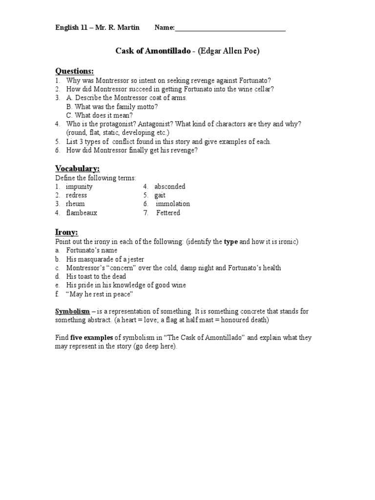 Cask of Amontillado Worksheet 0 | PDF