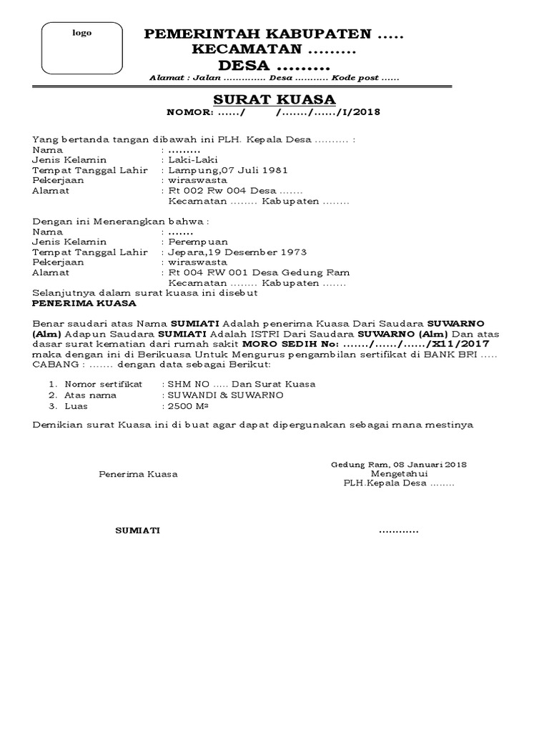 Contoh Surat Kuasa Atas Nama PLH Kepala Desa | PDF