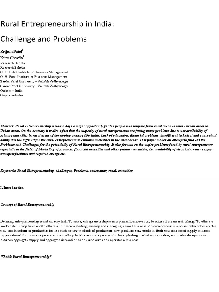 Challenges and Problems of Rural Entrepreneurship in India: An Analysis ...
