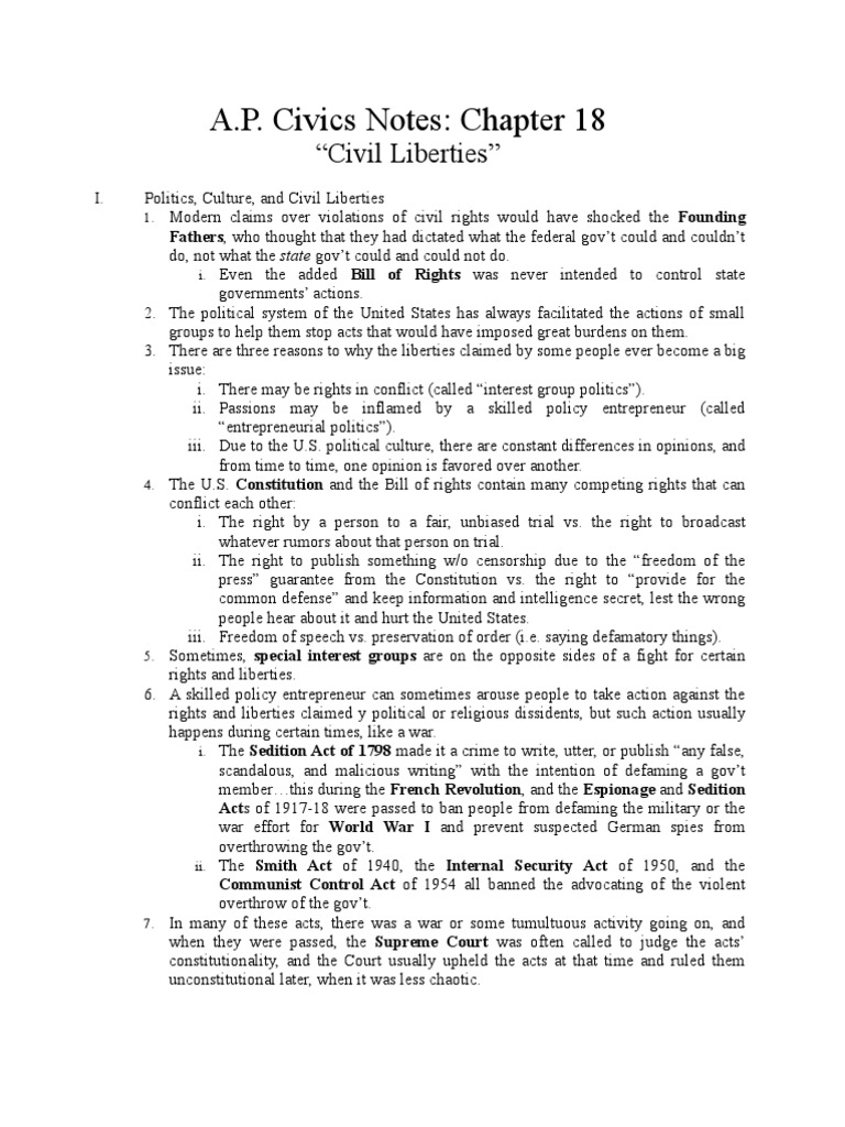 A.P. Civics Notes: Chapter 18: "Civil Liberties" | PDF | Search And ...