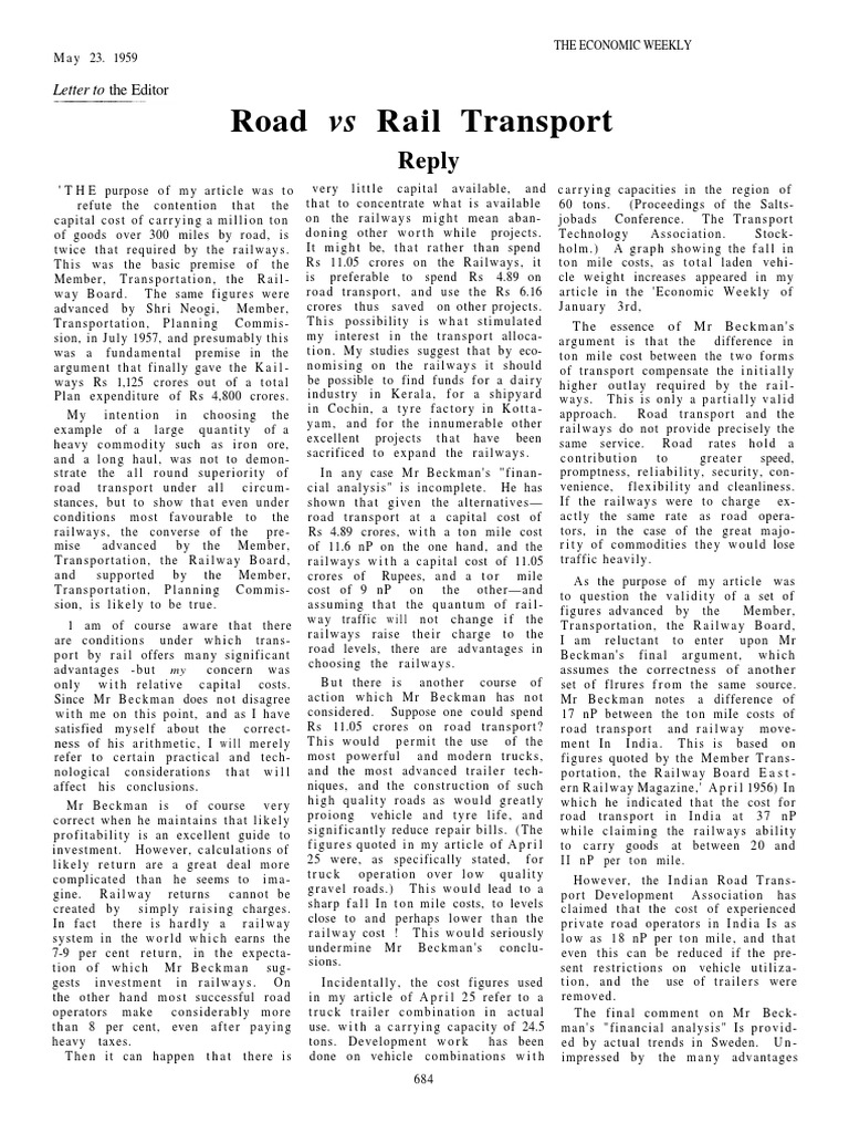 Road Vs Rail Transportreply | PDF | Economics | Economies