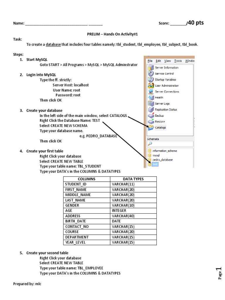 Name: - Score: - / PRELIM - Hands On Activity#1 Task | PDF | Data Type | Databases