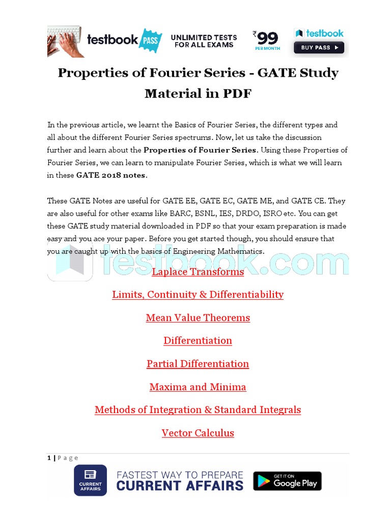 Properties of Fourier Series - GATE Study Material in PDF | PDF | Fourier Series | Fourier Transform