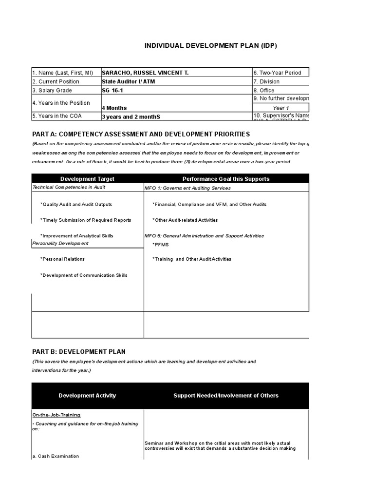 Individual Development Plan (Idp) : Part A: Competency Assessment and ...