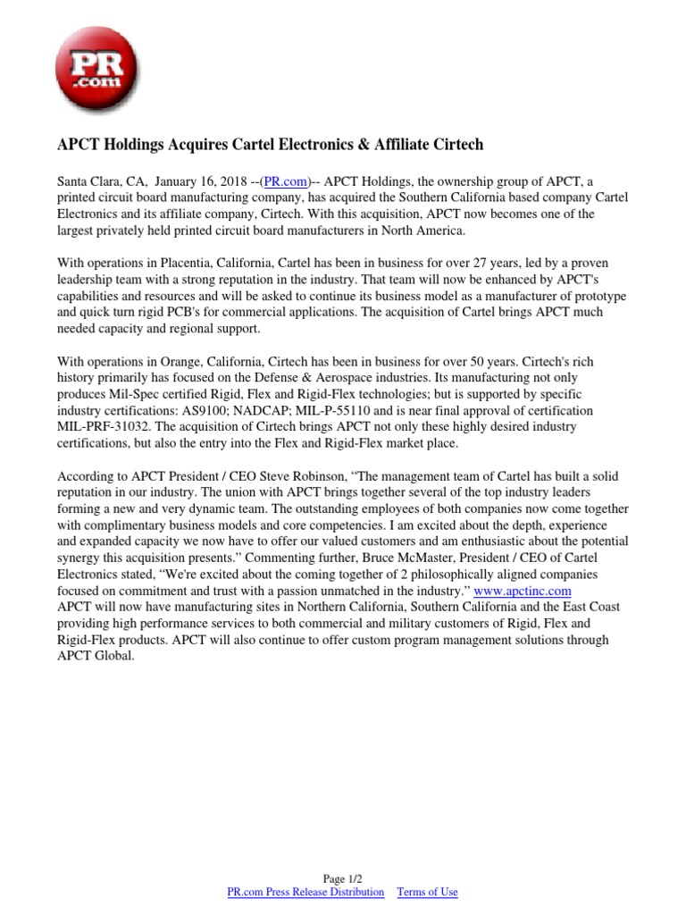 APCT Holdings Acquires Cartel Electronics & Affiliate Cirtech | PDF | Mergers And Acquisitions ...