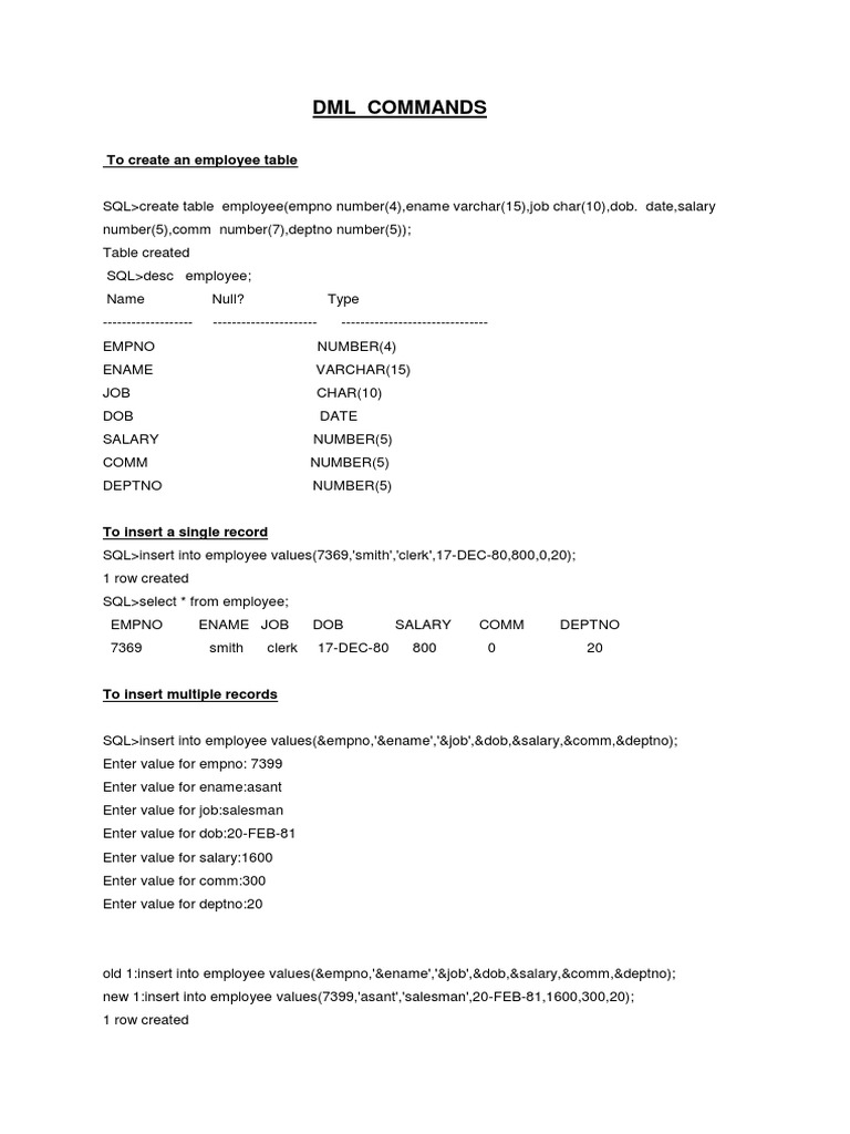 DML Commands: To Create An Employee Table | PDF | Data Management ...