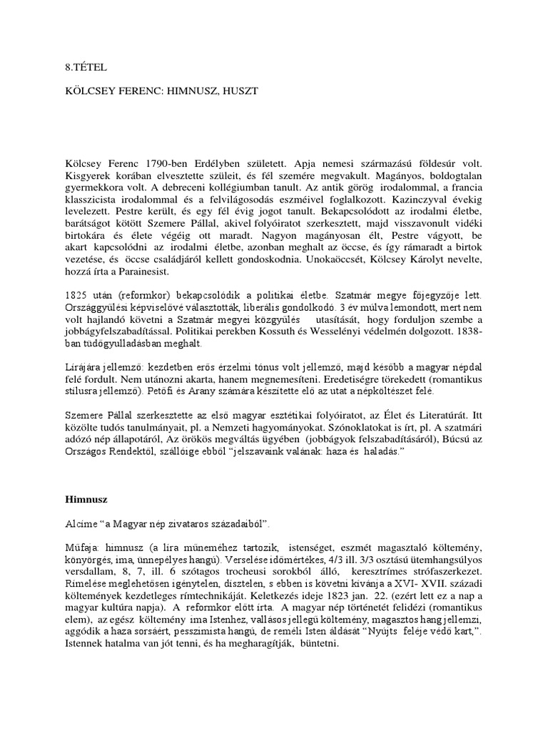8 Kölcsey Ferenc Himnusz Huszt | PDF