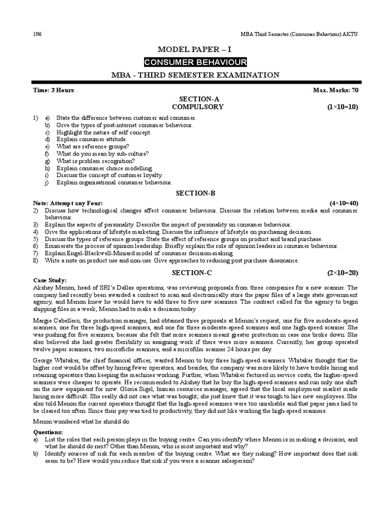 MBA Consumer Behaviour Model Paper | PDF | Consumer Behaviour | Behavior