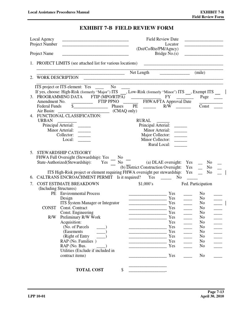 Local Assistance Procedures Manual Exhibit 7-B Field Review Form | PDF ...