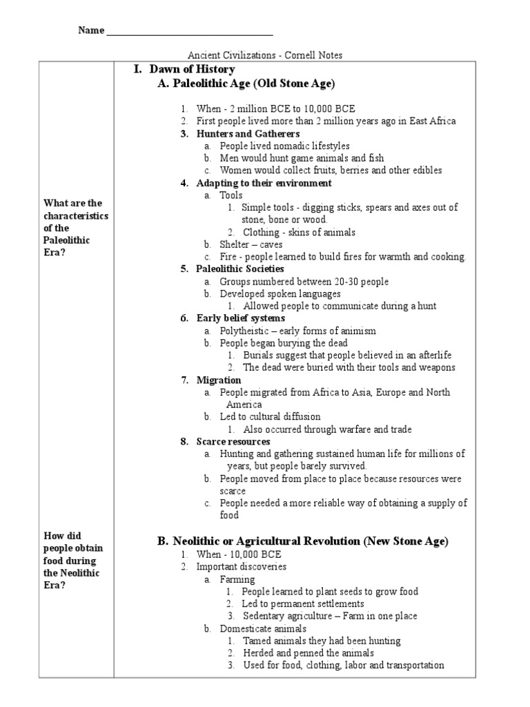 Ancient Civilizations - Cornell Notes | PDF | Paleolithic | Ancient Greece