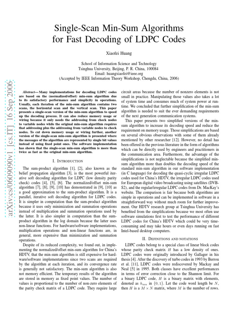 Single-Scan Min-Sum Algorithms For Fast Decoding of LDPC Codes | PDF | Low Density Parity Check ...