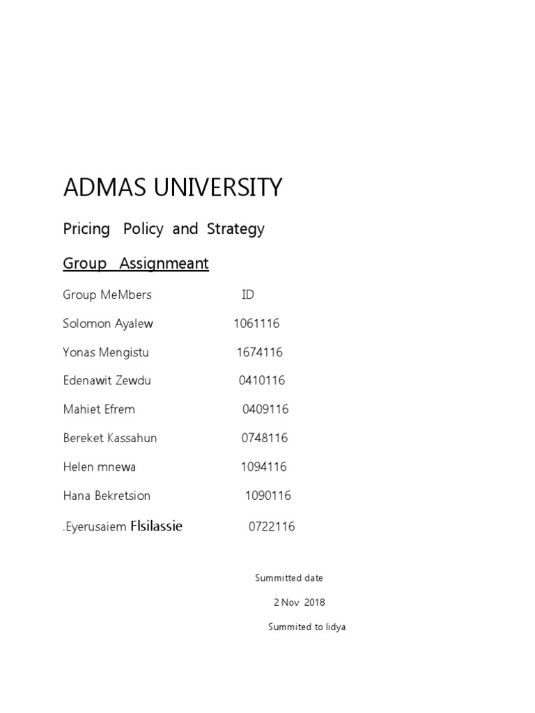 Admas University: Pricing Policy and Strategy Group Assignmeant | PDF | Wellness