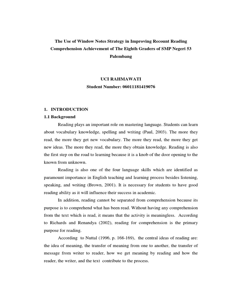 The Use of Window Notes Strategy in Improving Recount Reading ...