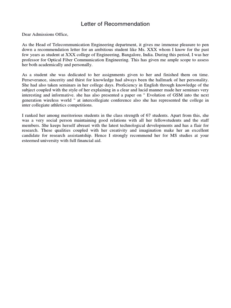 Letter of Recommendation Sample From Head of Department For Average ...